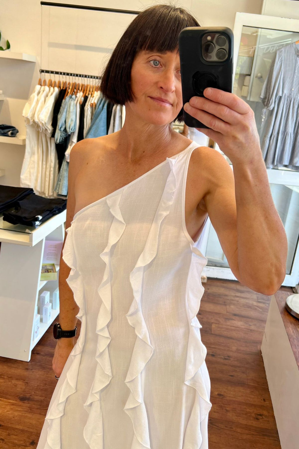 Tuscan One Shoulder Frill Front Midaxi Dress in White – Karma Kameleon