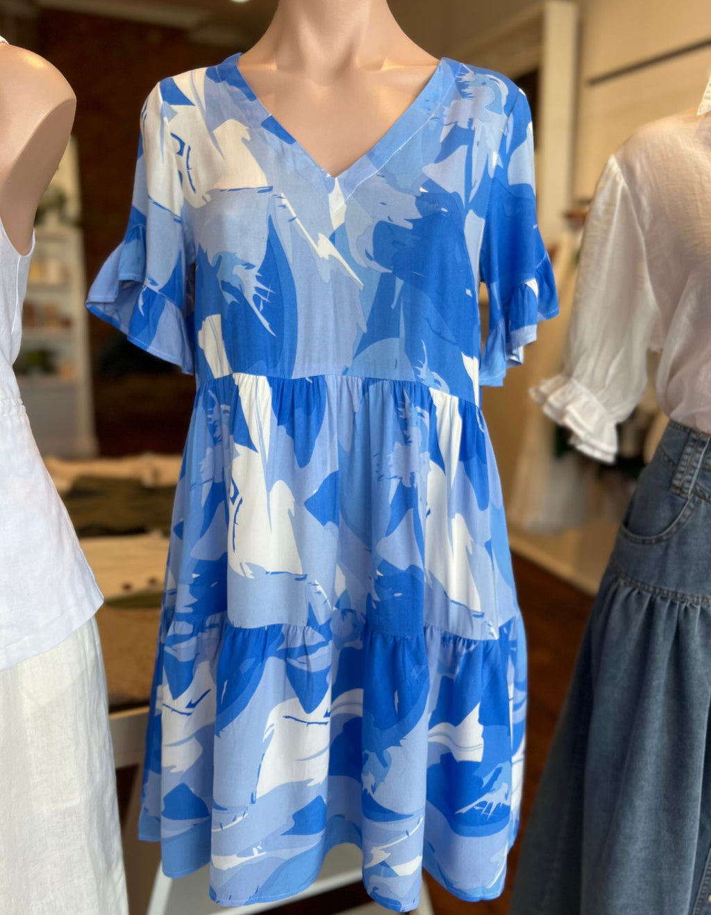 Lynora V Neck Relaxed Fit Dress in Blue Print – Karma Kameleon