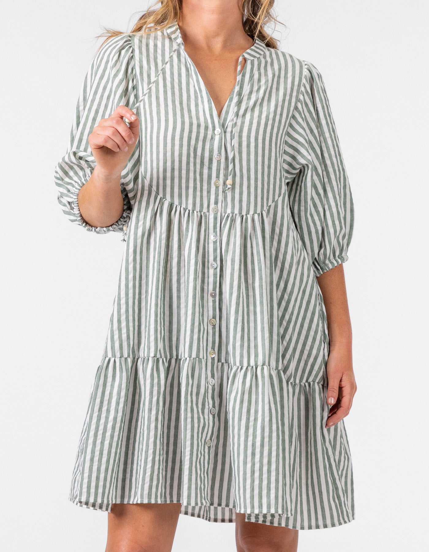 Clara Button Front V Neck Dress in Green Stripe – Karma Kameleon
